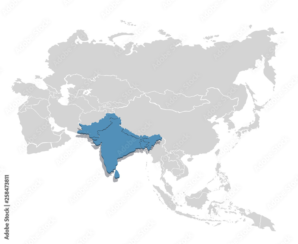 South Asia in blue on the grey model of Asia map. Vector illustration ...