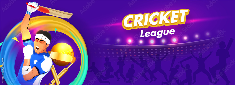 Cricket player in different pose on abstract purple background header ...