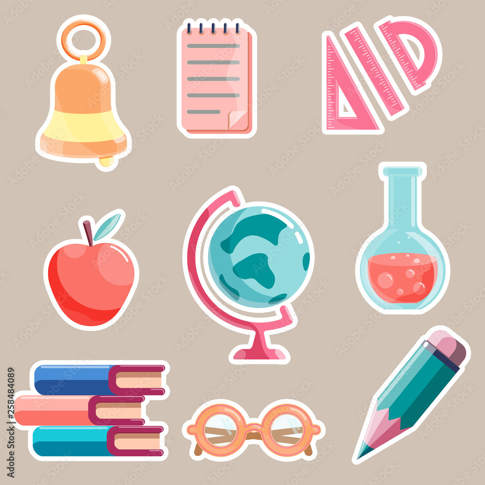 School sticker pack. Set of cartoon vector illustrations in patch label ...