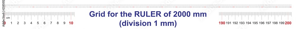 Vetor de Grid for a ruler of 2000 millimeters, 200 centimeters, 2 ...