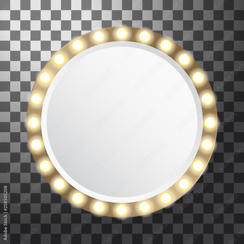 Circle mirror with light bulbs, vector illustration isolated on ...