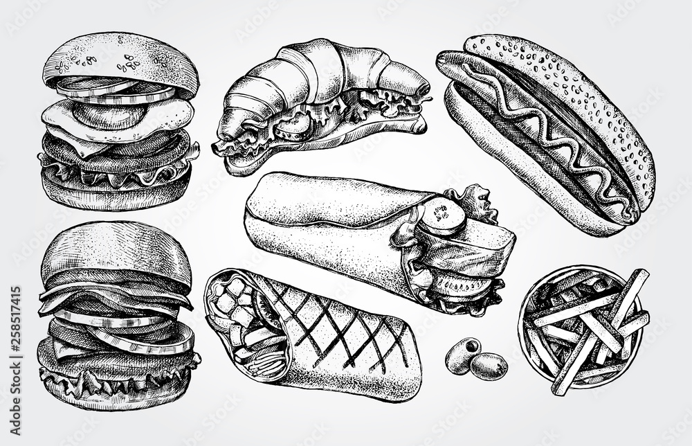Ink hand drawn set of various burgers, hot dog, burrito, French fries ...