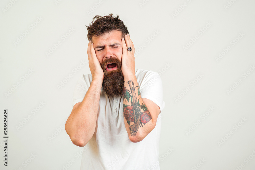 Stylish bearded man crying. Unhappy hipster guy man with tattoo, cry ...