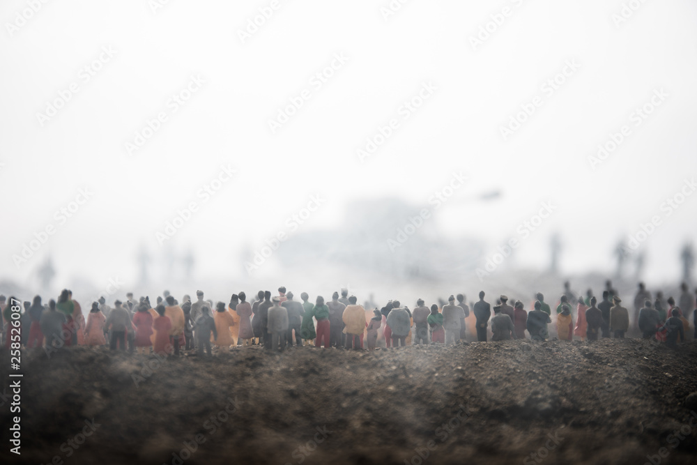 Captured by enemy concept. Military silhouettes and crowd on war fog ...