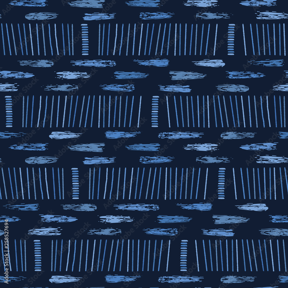 Indigo blue graphic doodle line stripes seamless pattern. Sketchy ...