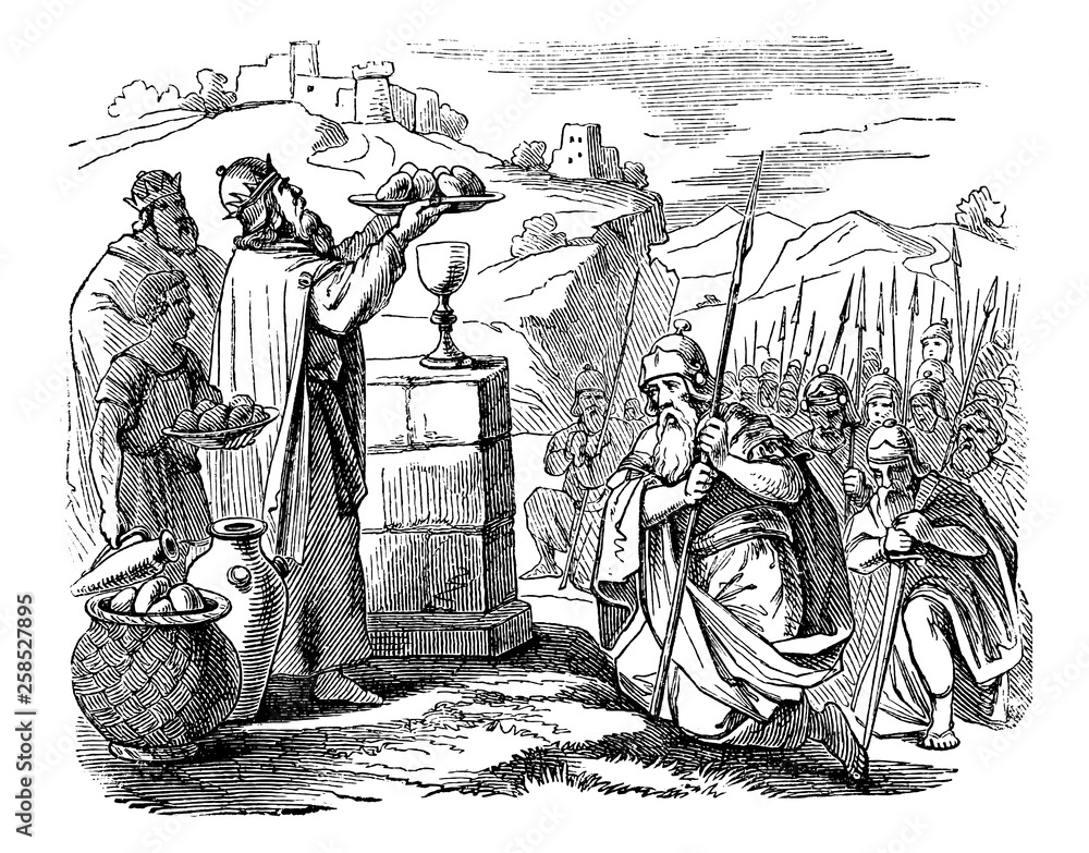 Vintage antique illustration and line drawing or engraving of biblical ...