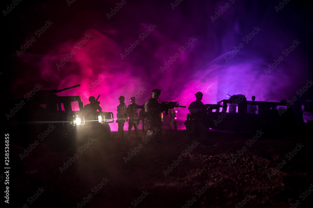 War Concept. Military silhouettes fighting scene on war fog sky ...