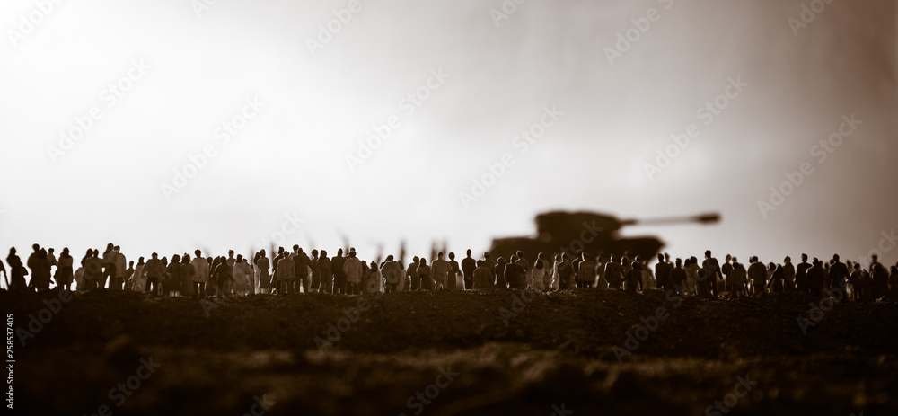Captured by enemy concept. Military silhouettes and crowd on war fog ...