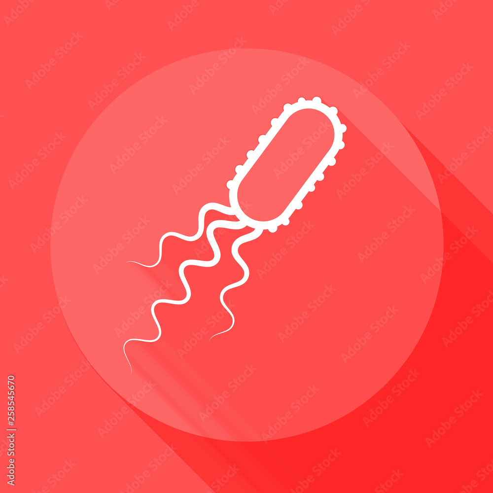 Moving bacteria with flagella and cell membrane protein icon with long ...