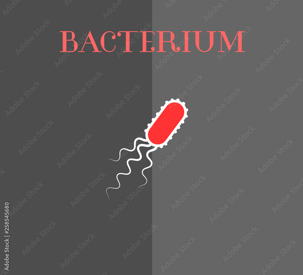 Moving bacteria with flagella and cell membrane protein icon with long ...