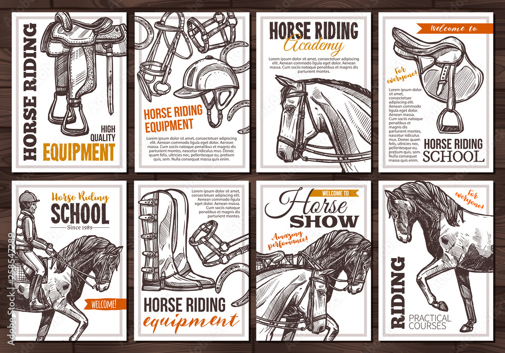 Collection of vector hand drawn posterss for horse riding, school ...
