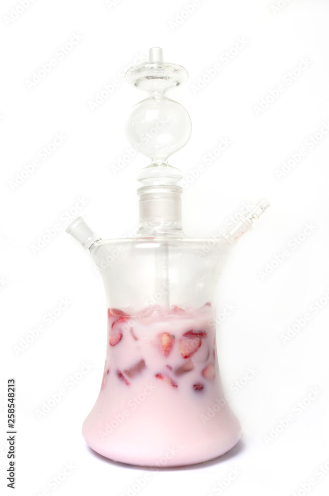 DEEZER TANK GLASS HOOKAH on milk strawberries of glass isolated white ...