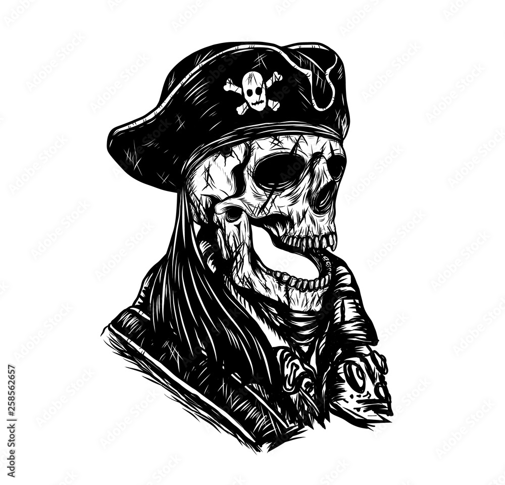 Pirate skull vector tattoo by hand drawing.Beautiful skull on white ...