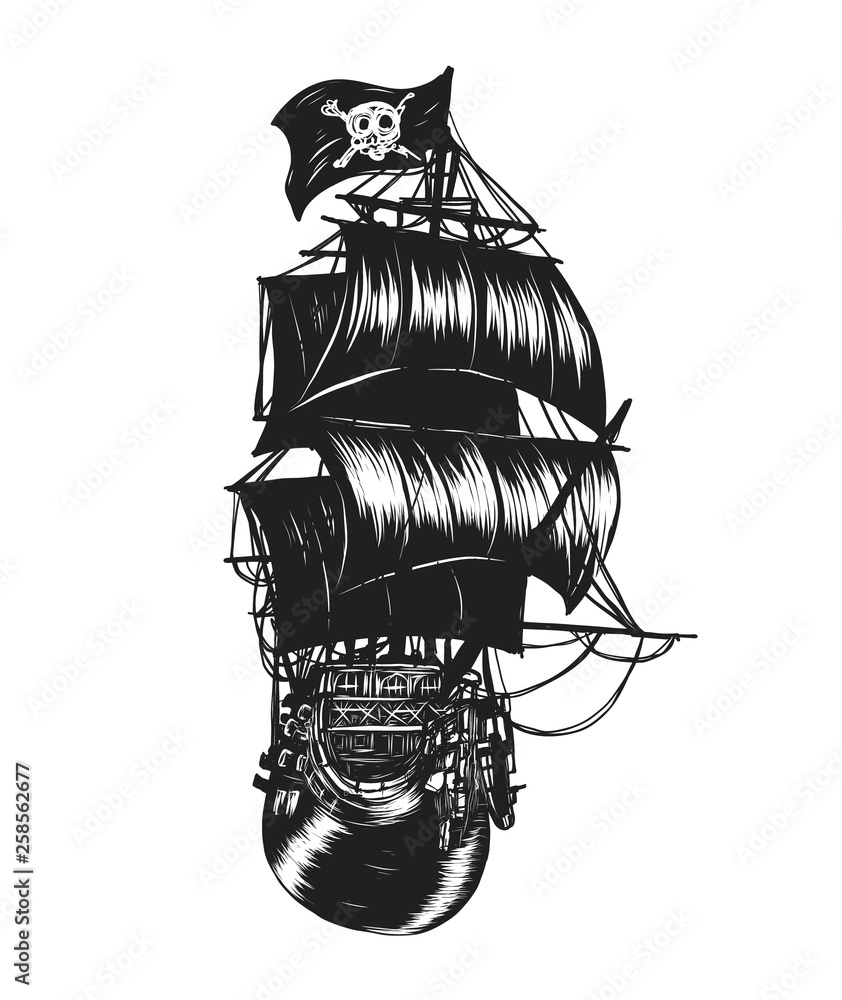 Pirate ship vector tattoo by hand drawing.Beautiful picture on white ...
