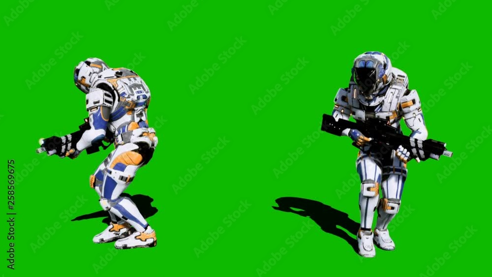 A lone soldier of the future sneaks with weapons on a green screen ...