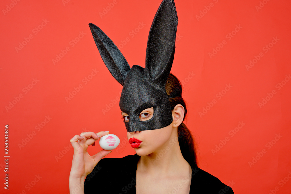 Easter Woman Woman Rabbit Easter Bunny Girl Red Lip Imprint On