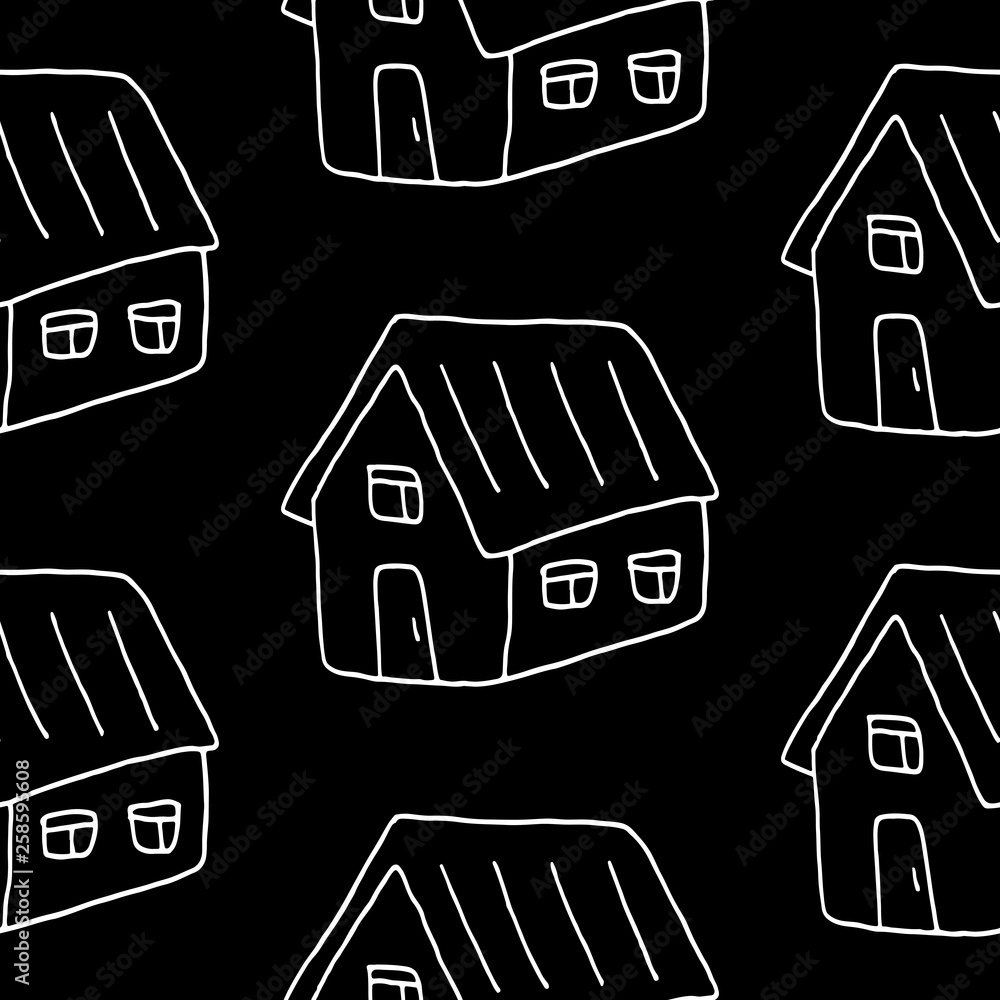 Sweet house pattern with hand drawn houses. Cute vector black and white ...