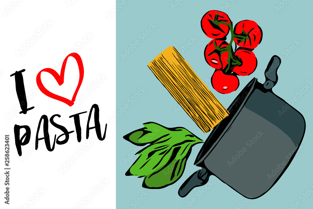 I love Pasta text with red heart. Green herbs, brunch of red cherry ...