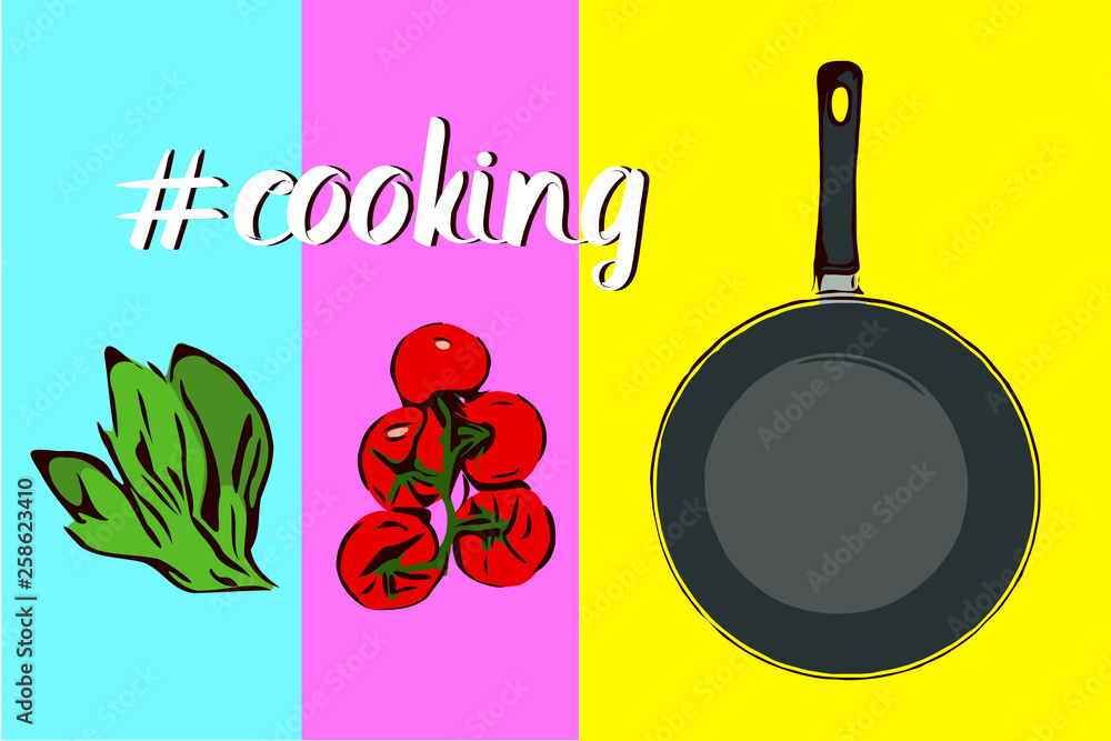 Cooking text with hashtag on colorful blue, pink and yellow background ...