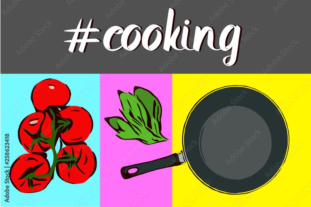 Cooking text with hashtag on colorful blue, pink, yellow and gray ...