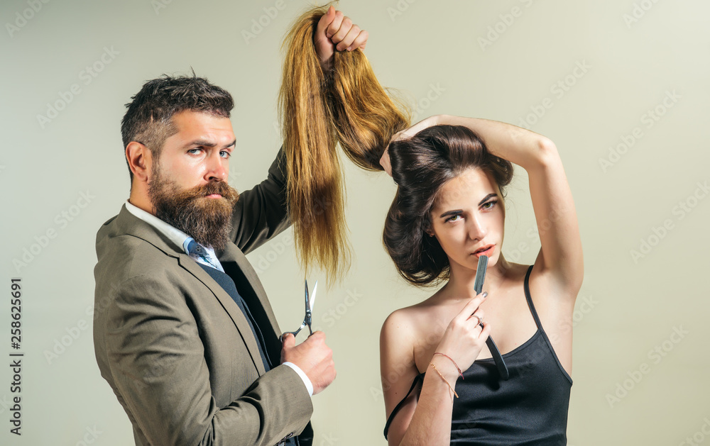 Beard styling and cut. Making haircut look perfect in barber shop ...