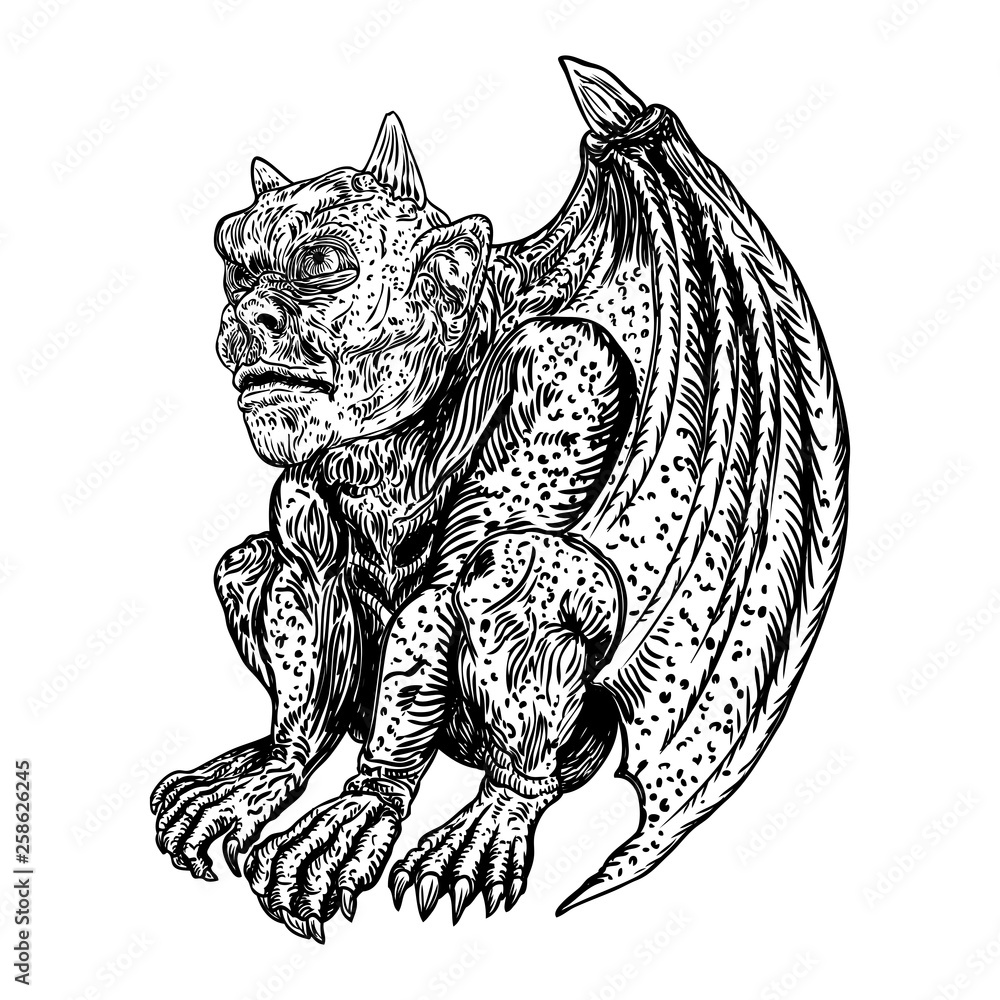 Mythological ancient creatures animals with bat like wings. and horn ...