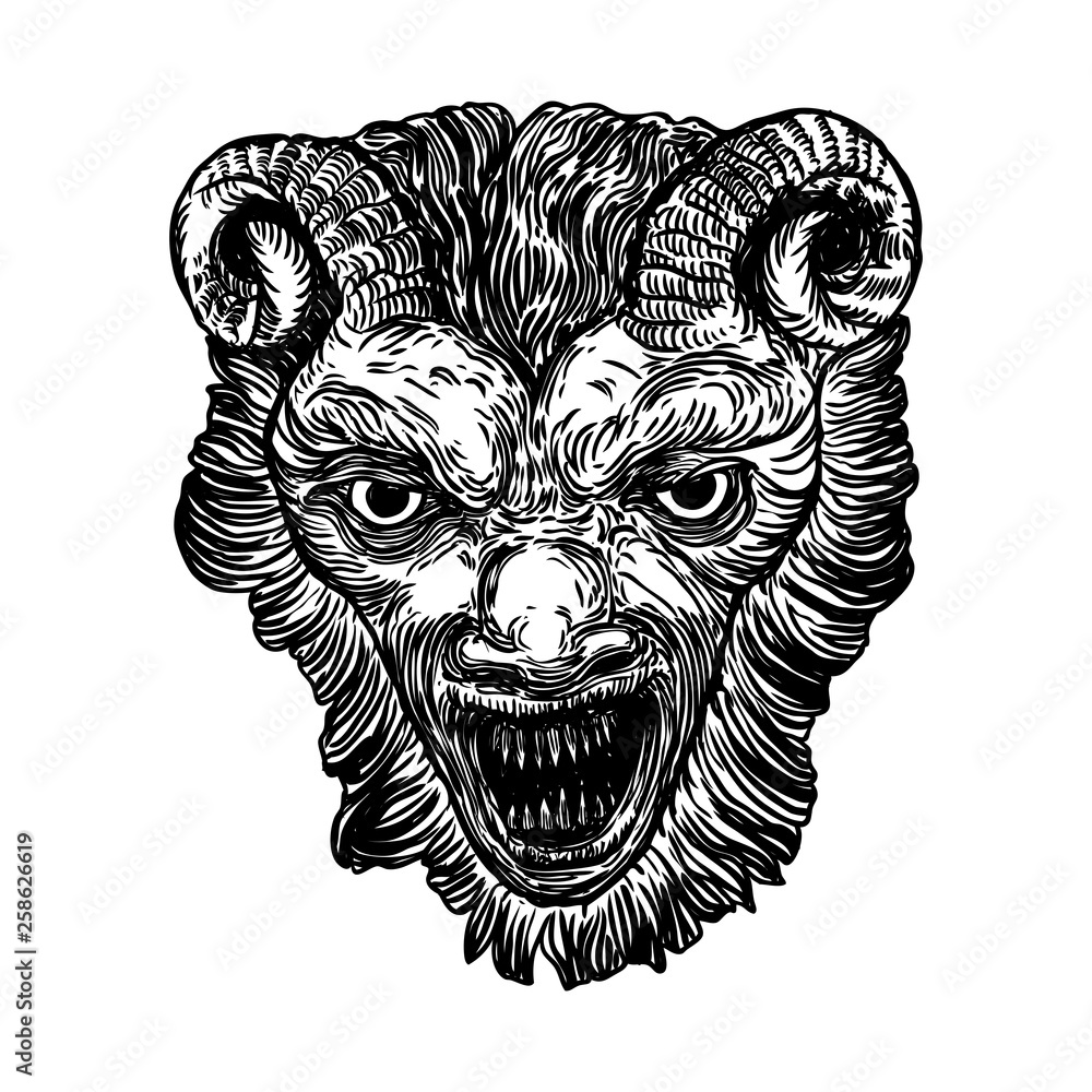 Devil head with big demon horns or antlers and sharp fangs. Satan or ...
