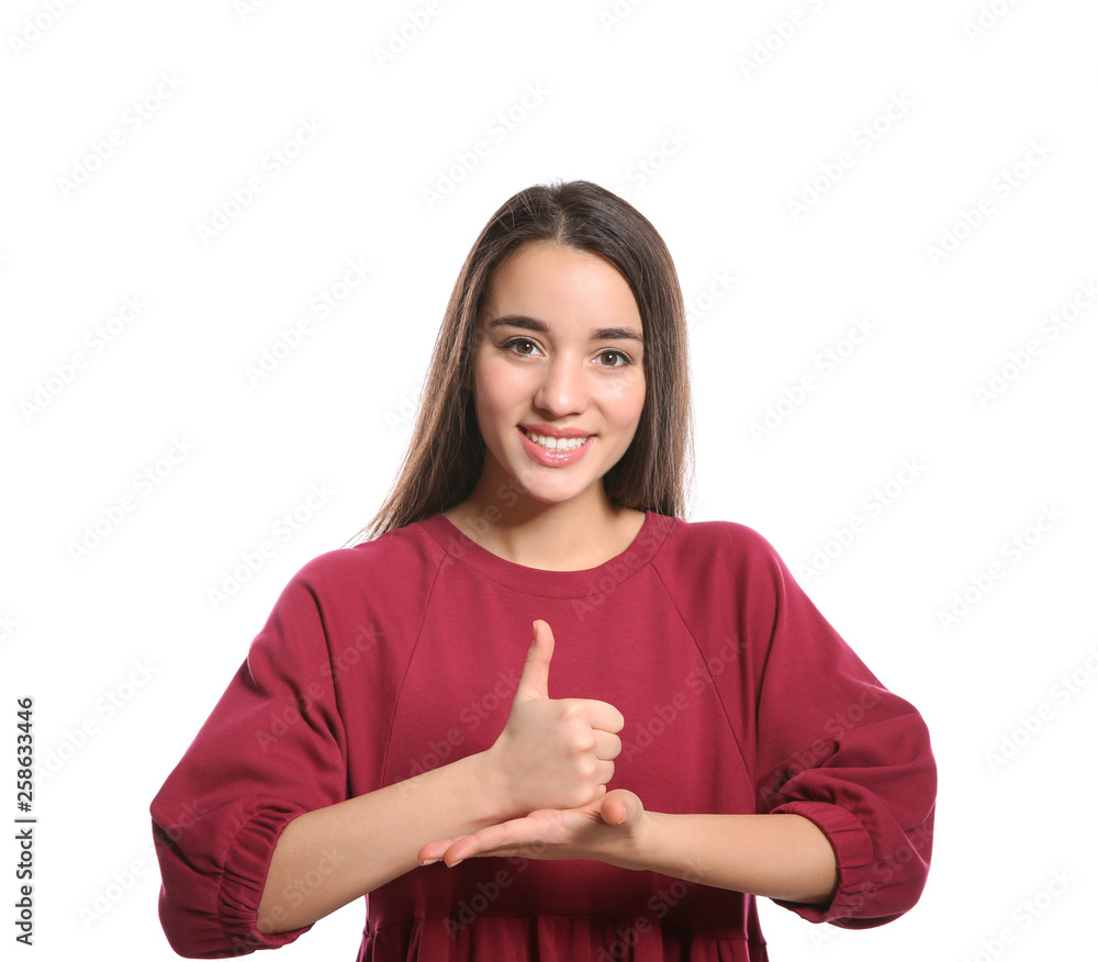 Woman showing HELP gesture in sign language on white background Stock ...