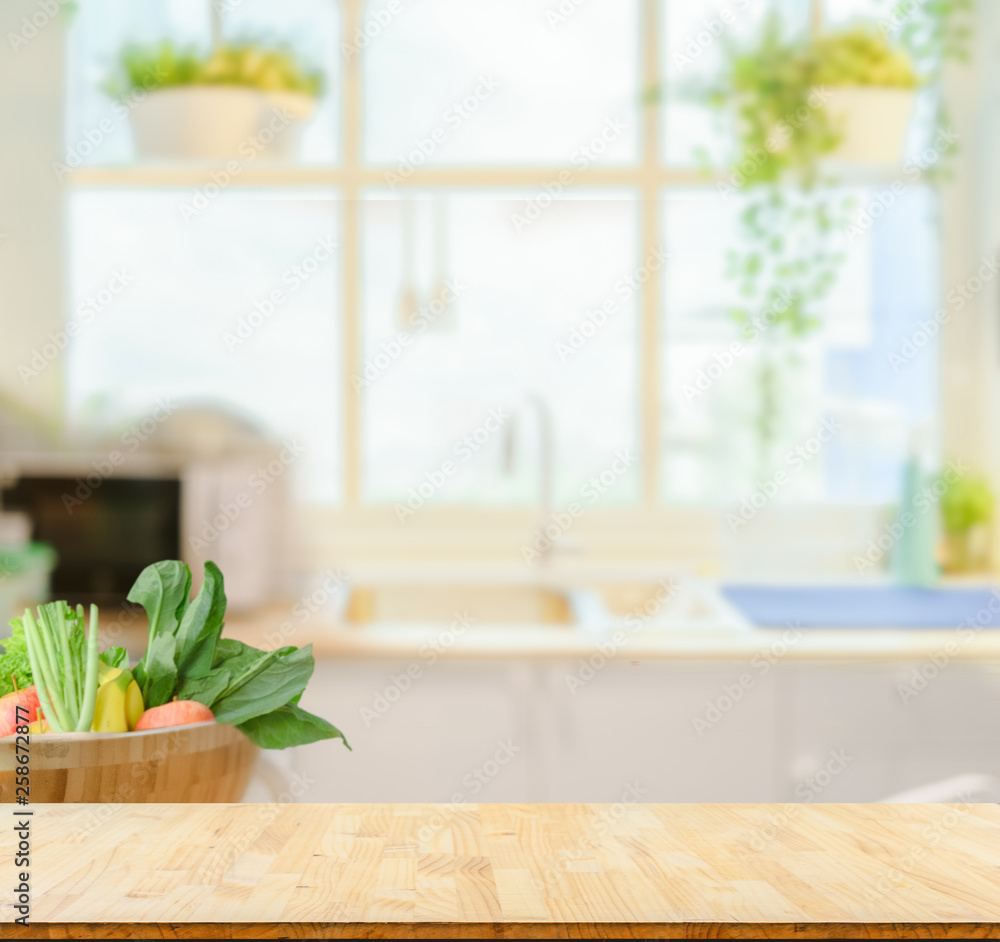 Wood table top on blurred kitchen background, Stock Photo | Adobe Stock