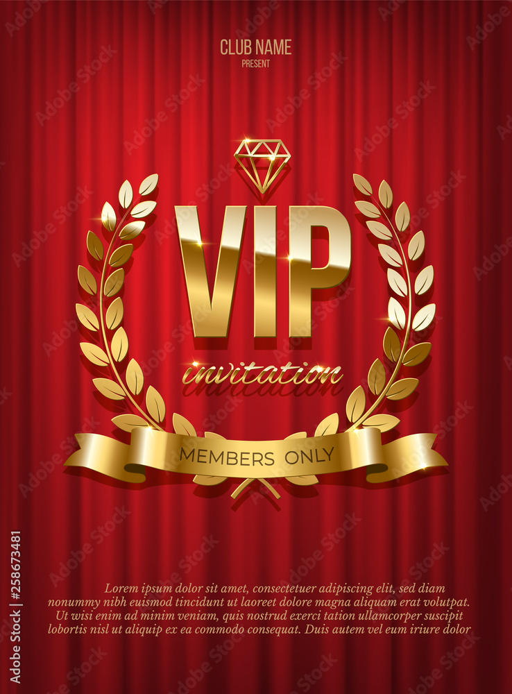 Golden VIP invitation template - type design with diamond and laurel ...