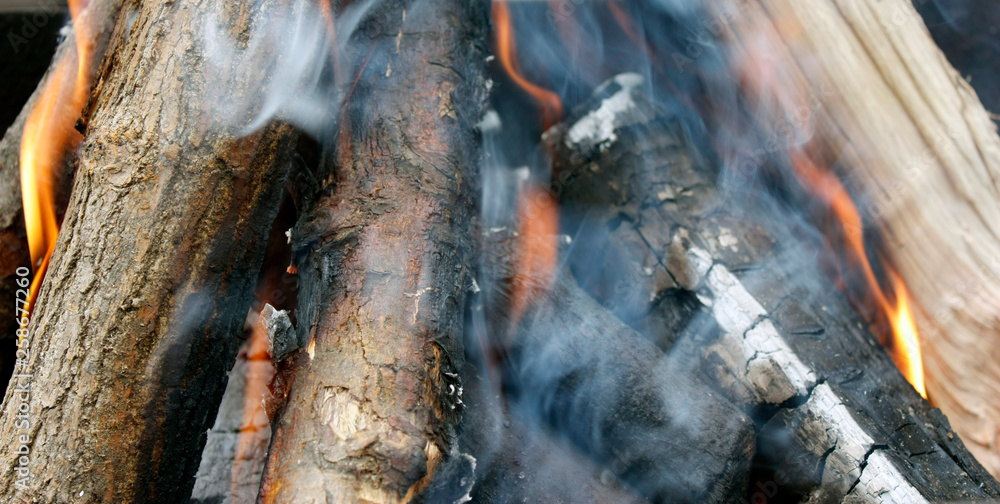 Fire. Closeup of pile of wood burning with flames in the fireplace ...