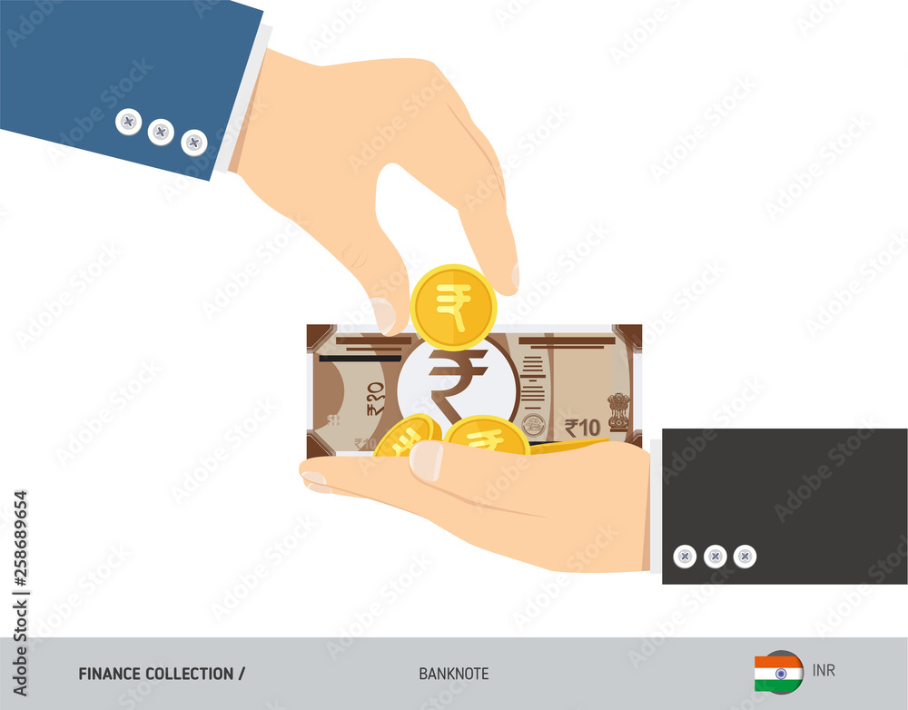 10 Indian Rupee Banknote and coins in the palm of hands. Flat style ...