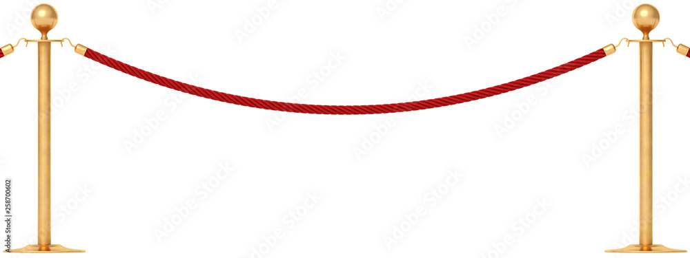 Golden barricade with red rope isolated on white background. 3d ...