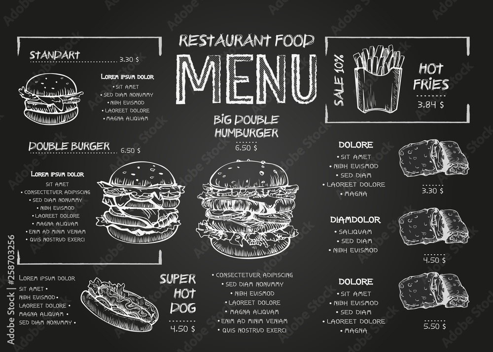 Burger menu poster design on the chalkboard elements. Fast food menu ...