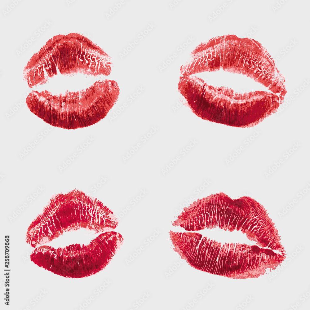 Vector set of realistic illustration womans girl red lipstick kiss mark ...