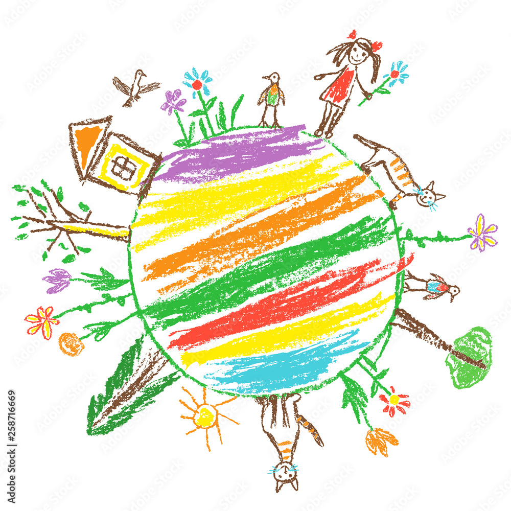Earth day eco friendly concept. Like child`s hand drawn doodle colorful ...