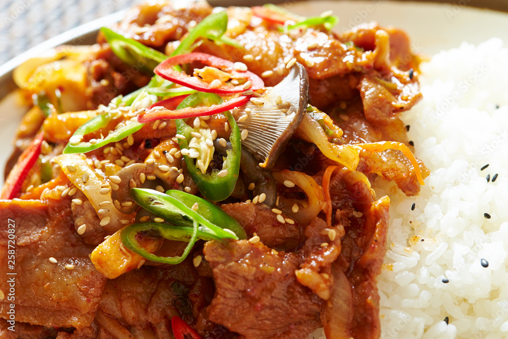 Korean spicy stir fried pork and vegetables with rice Stock Photo ...
