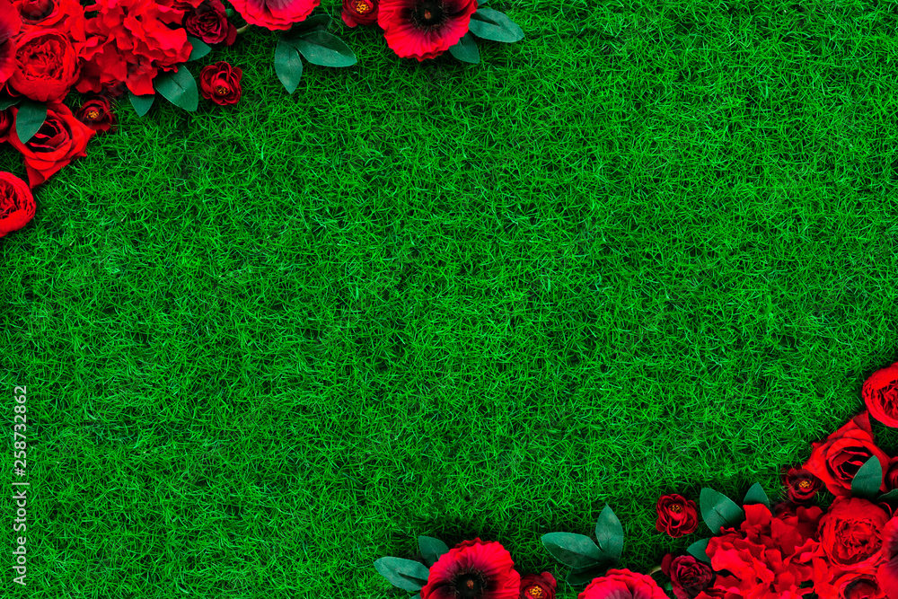 Green grass texture pattern with flowers frame. template for design ...