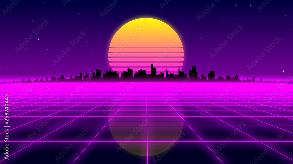 Retro 1980s synthwave glowing neon lights plane with sun and city ...