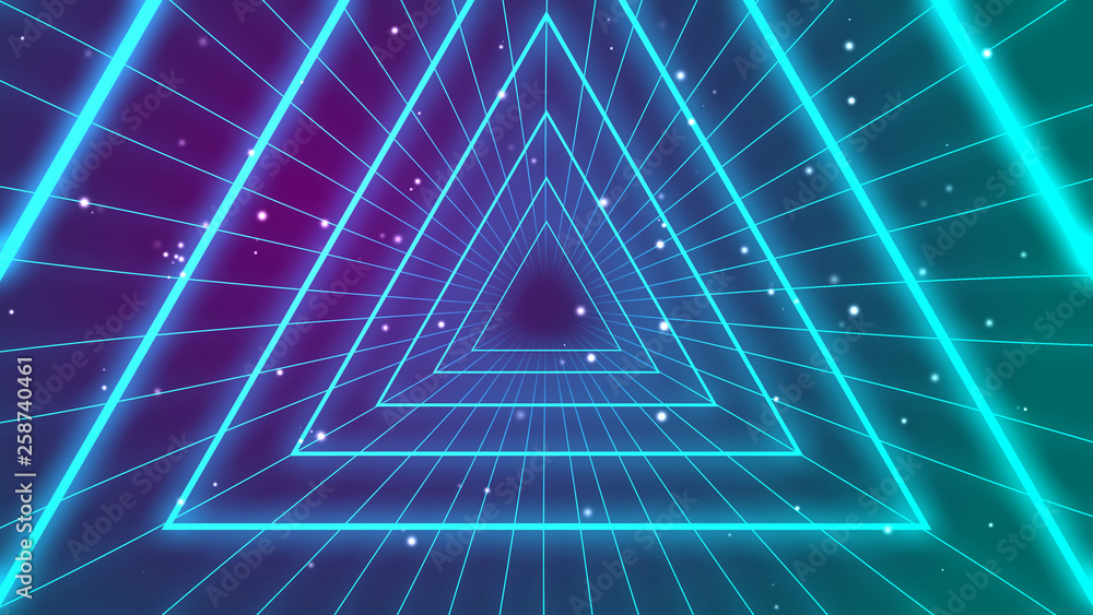 Retro 1980s synthwave glowing neon lights triangle tunnel Stock ...