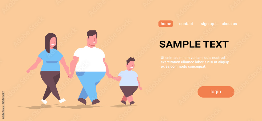 over size family walking together overweight father mother and son ...