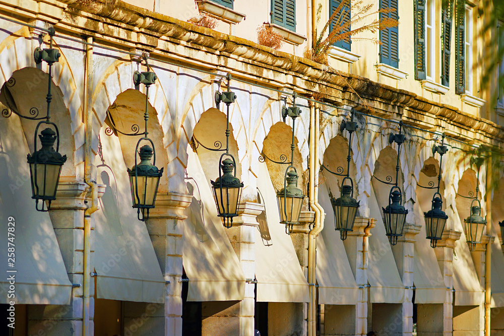 Details of the lamps of the building Liston in Corfu Town,Greece Stock ...