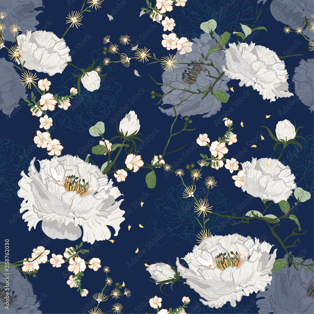 Seamless floral pattern. White Chinese national flower peony and cherry ...