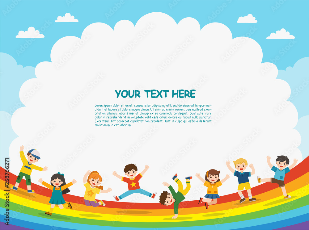Children's activities. Happy children are jumping on rainbow background ...