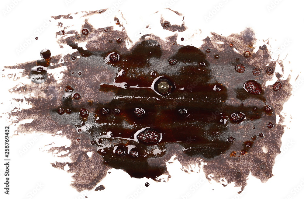 Old spilled engine oil puddle and splash isolated on white background ...