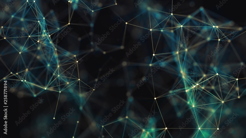 3D rendering of abstract forms of plexus, points and light rays with ...