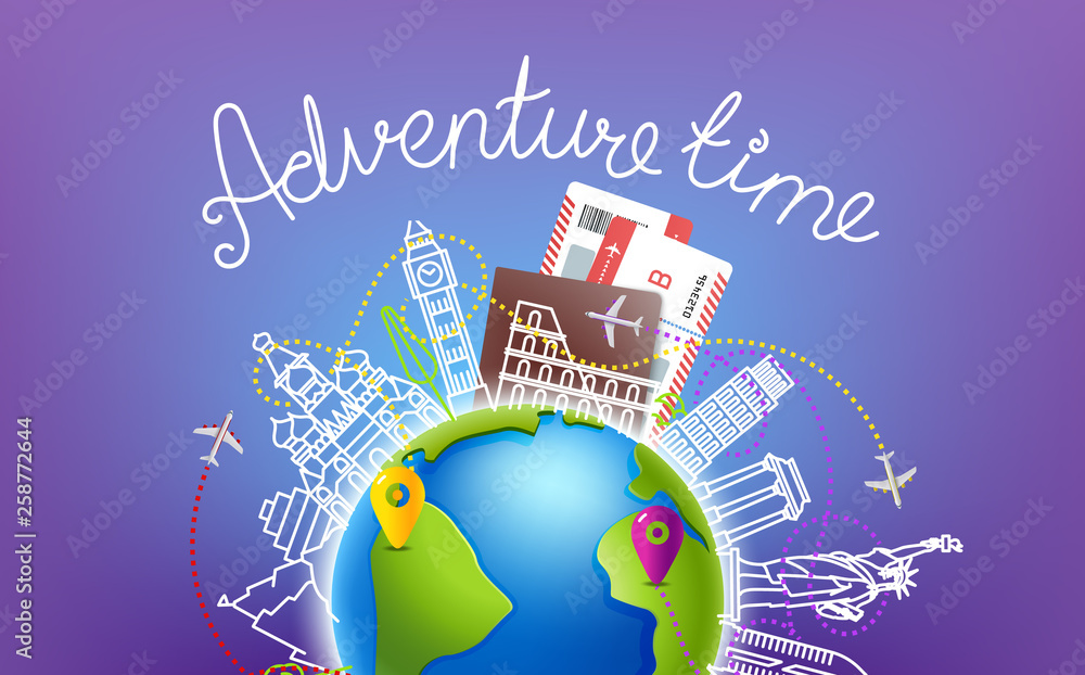 Adventure time concept. Vector illustration with The Earth and fomous ...