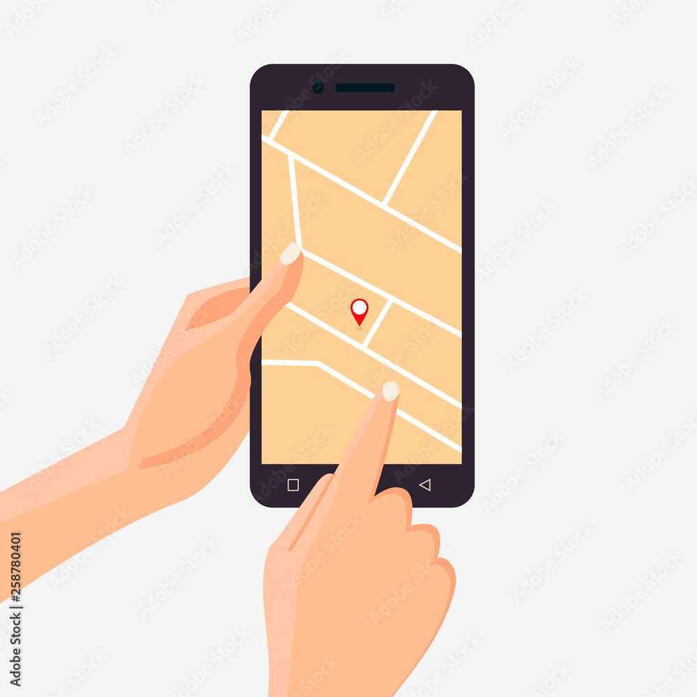 Hand holding mobile phone with map and marker. Navigation app with map ...