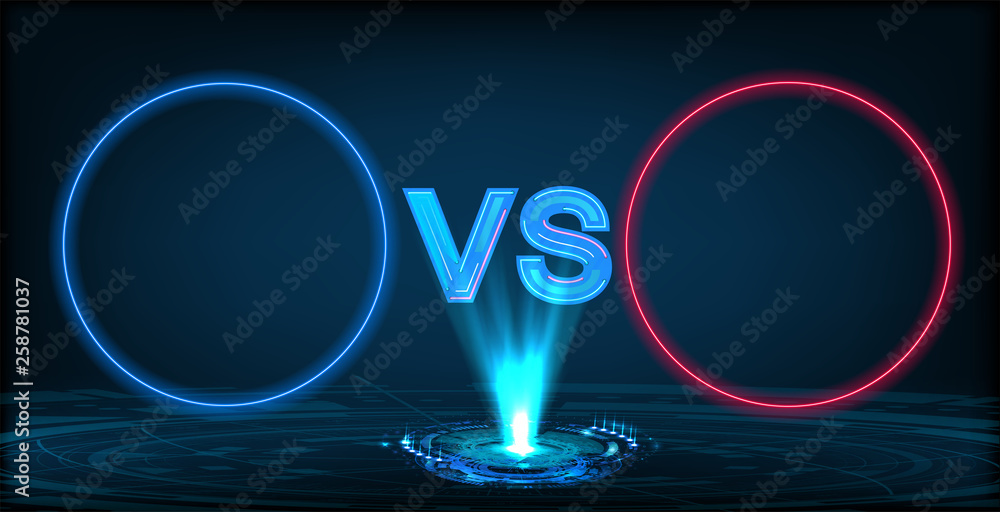 Versus screen with neon circle frames and vs letters. Competition vs ...