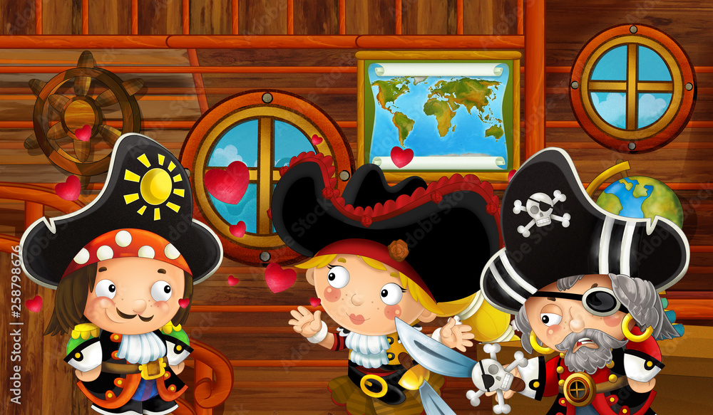 cartoon scene with pirate ship cabin interior with treasure and loving ...